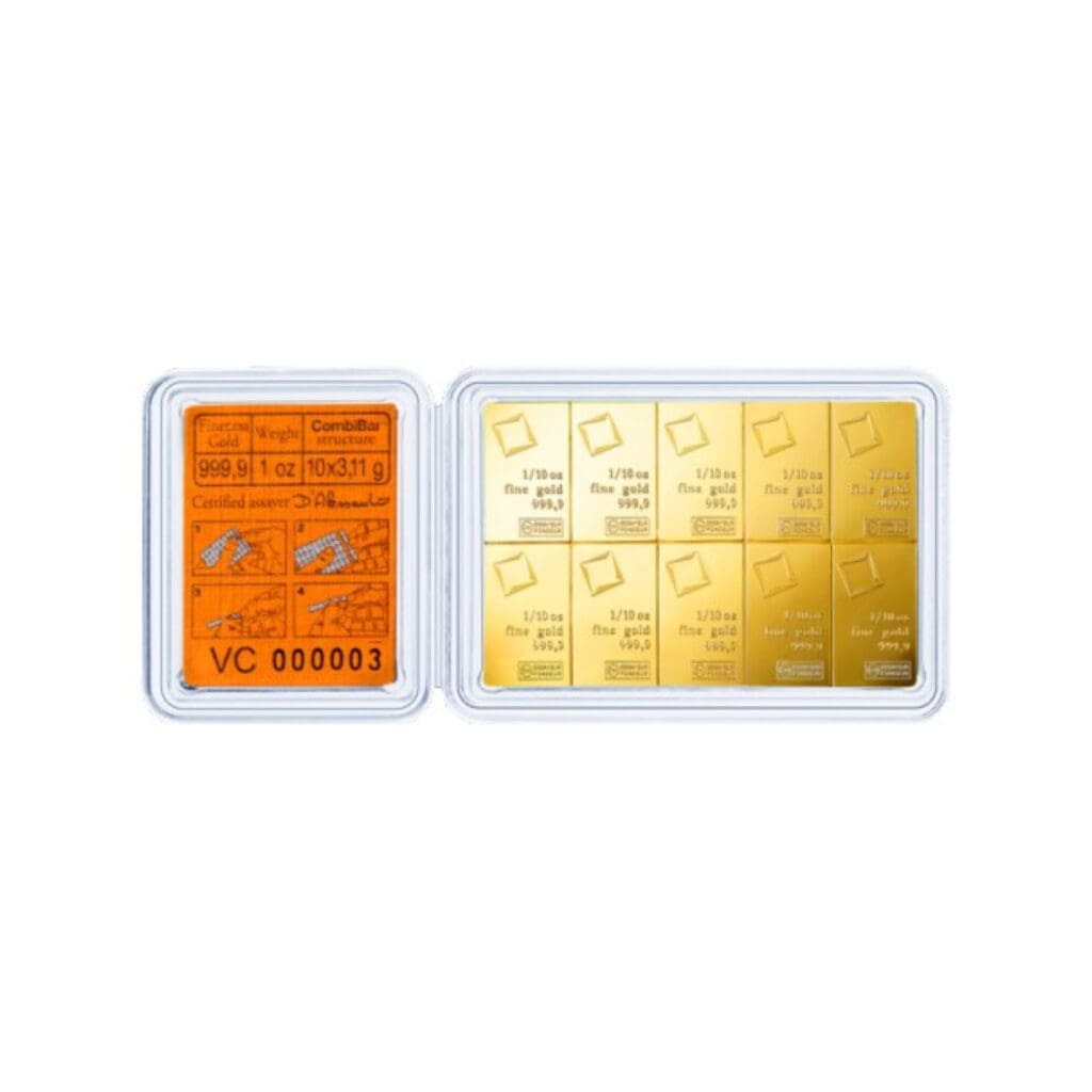 10 x 1/10 oz Valcambi Gold CombiBar – .9999 Fine